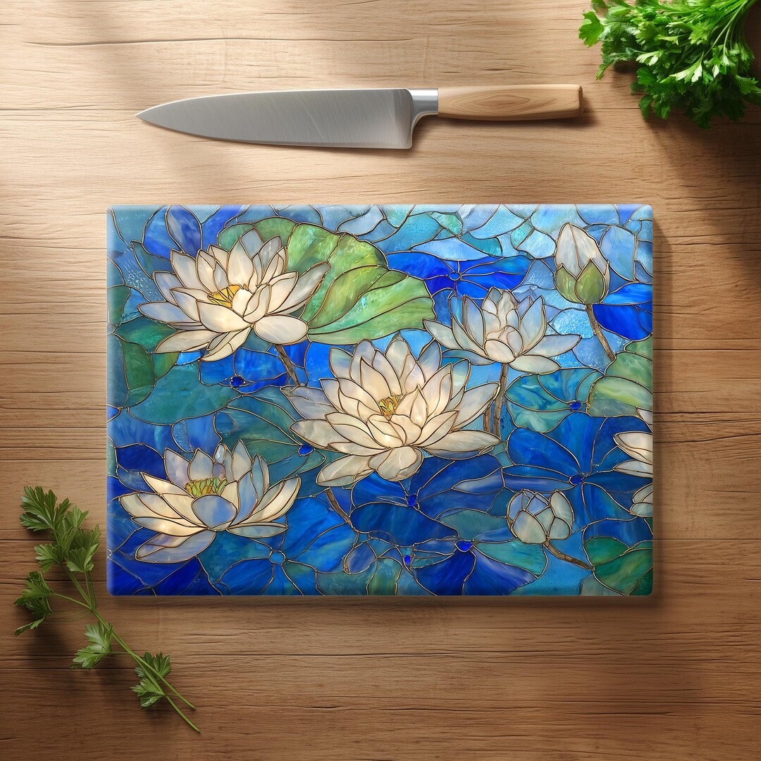Stained Glass Blue Water Lilies Cutting Board ~ Tempered Glass Kitchen ...