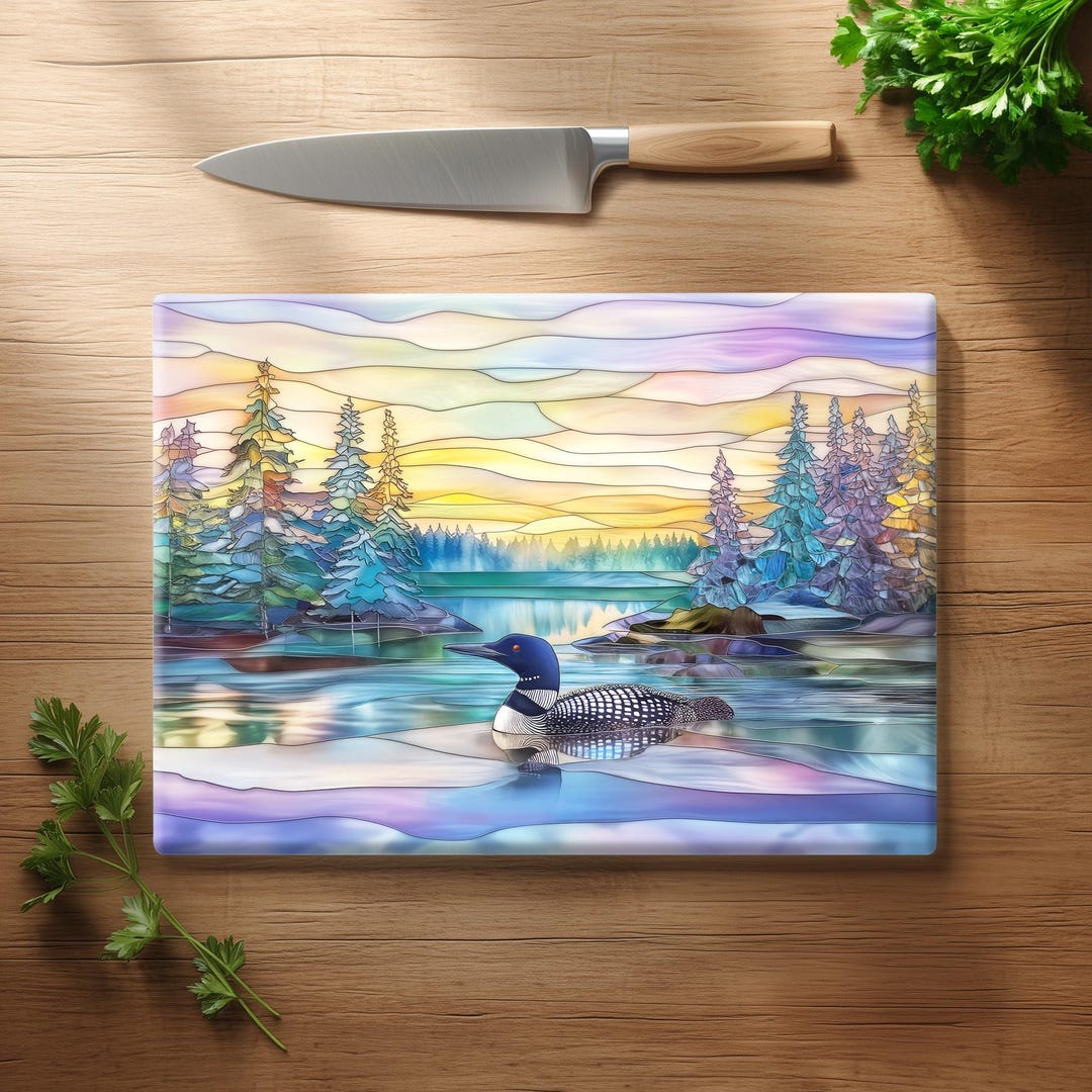 Stained Glass Loon Lake Cutting Board ~ Northern Woods Kitchen ...