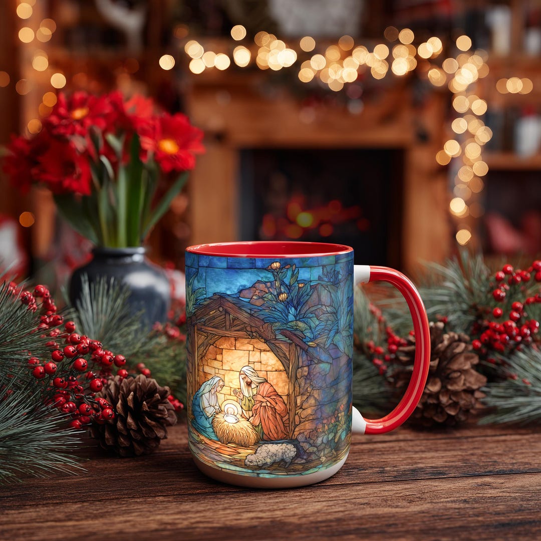 Stained Glass Nativity Scene Mug, Colorful Christmas Decor and ...