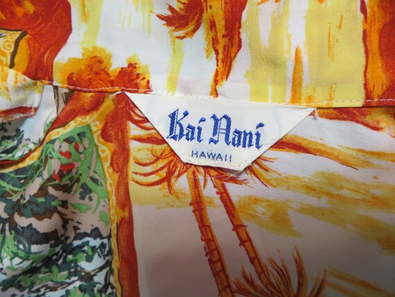 70s Kai Nani Hawaiian Blouse, Bright Orange Blue Silk… - Gem