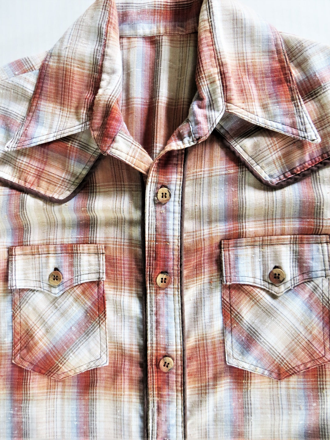 70s Shadow Plaid Western Shirt, Flare Collar Pointed Yokes With Piping ...