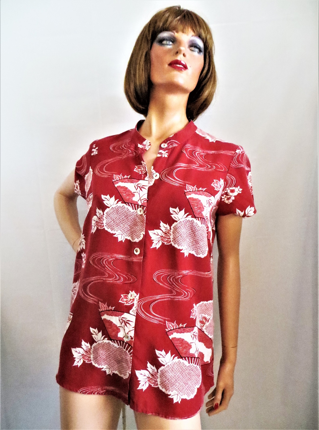 Hawaiian Top Red White Floral Print Rayon Aloha Shirt, Short Sleeves ...