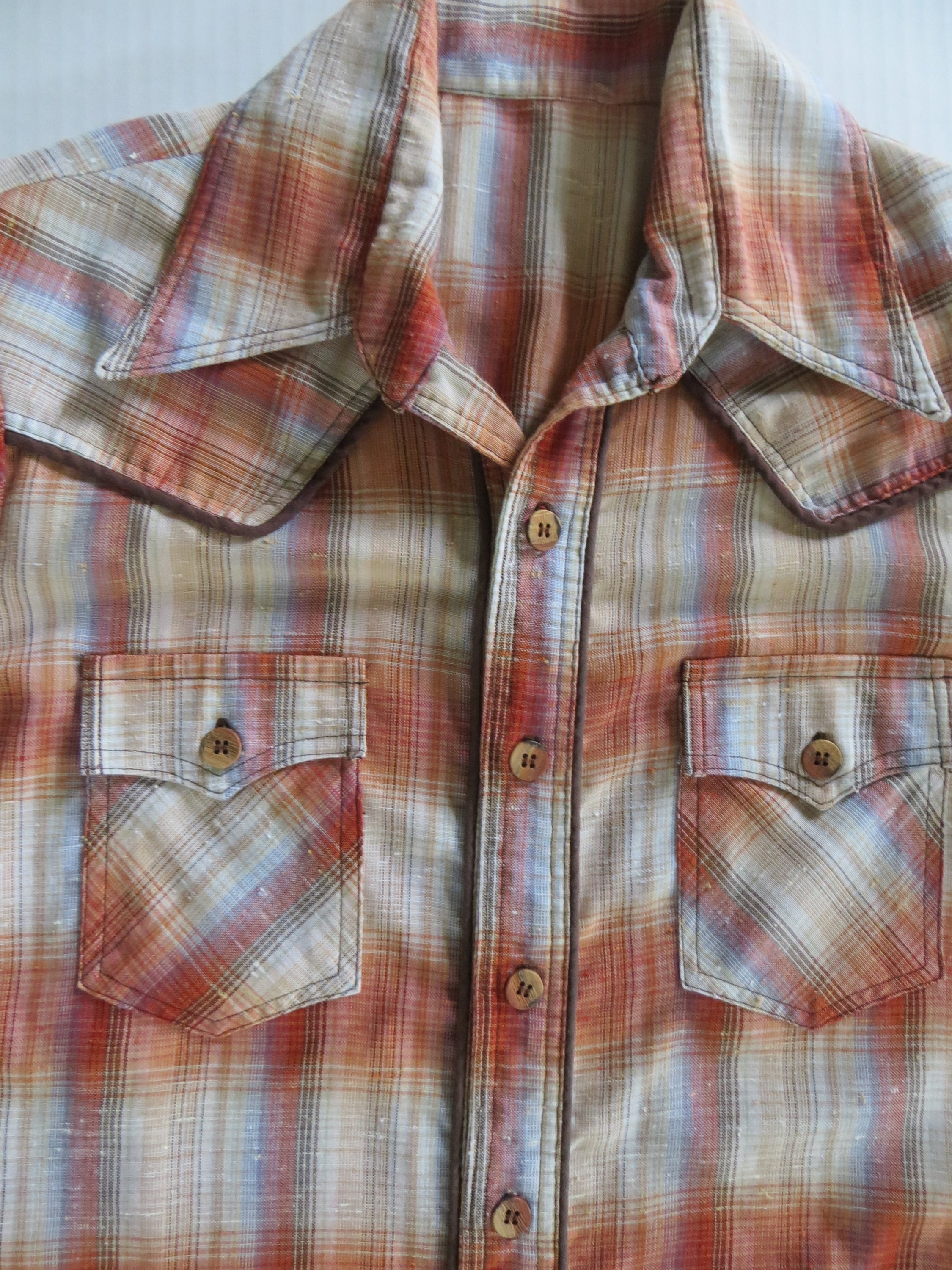 70s Shadow Plaid Western Shirt, Flare Collar Pointed Yokes With Piping ...