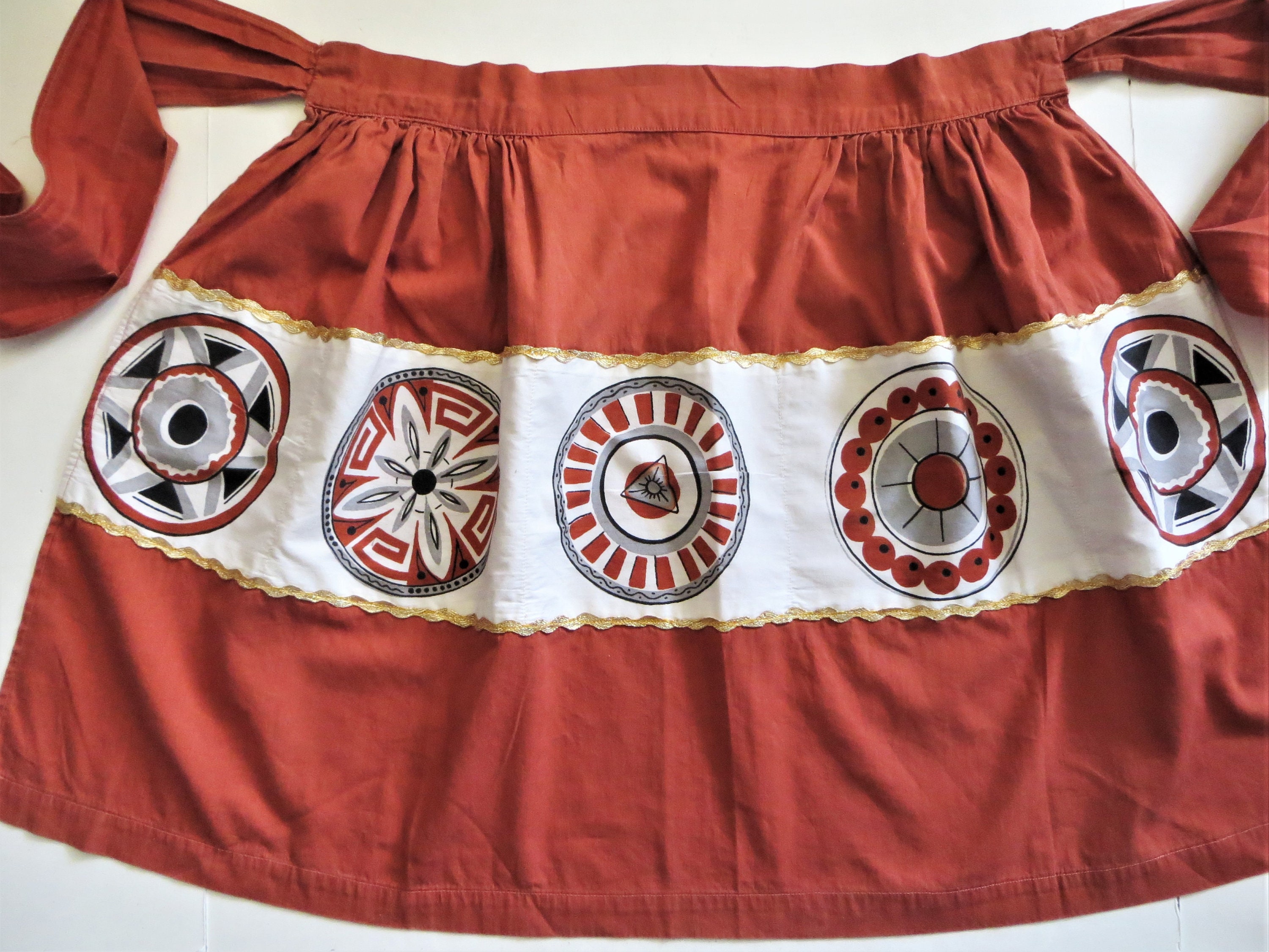 50s Half Apron Burnt Orange Rust Abstract Geometric Border - Etsy