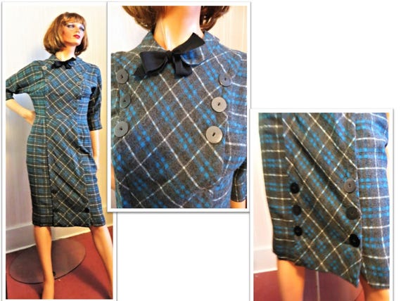 Vintage 50s Wool Plaid Dress Gray Teal Blue Plaid Wiggle | Etsy