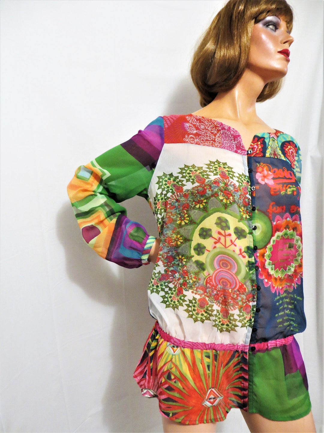 Sheer Tunic Top Disigual Arty Festival Blouse With Poem, Oversize Loose ...