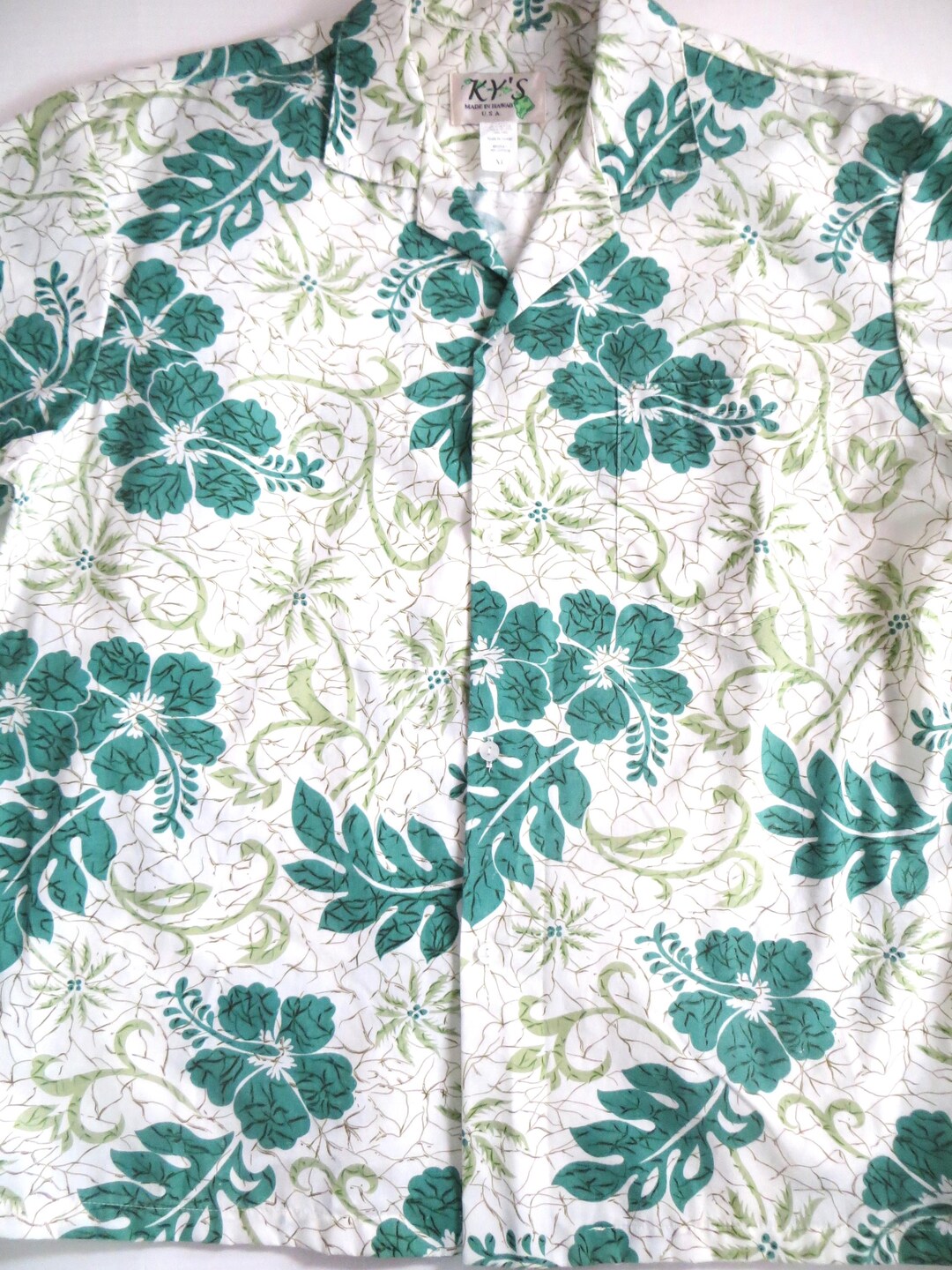 Vintage Hawaiian Shirt: Ky's White Teak Hibiscus Print, Made in Hawaii ...