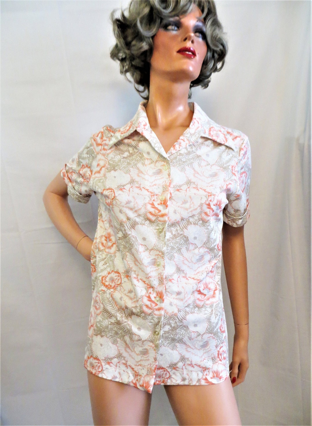 70s Knit Top Short Sleeve Tan Coral Orange Floral Polyester - Etsy UK