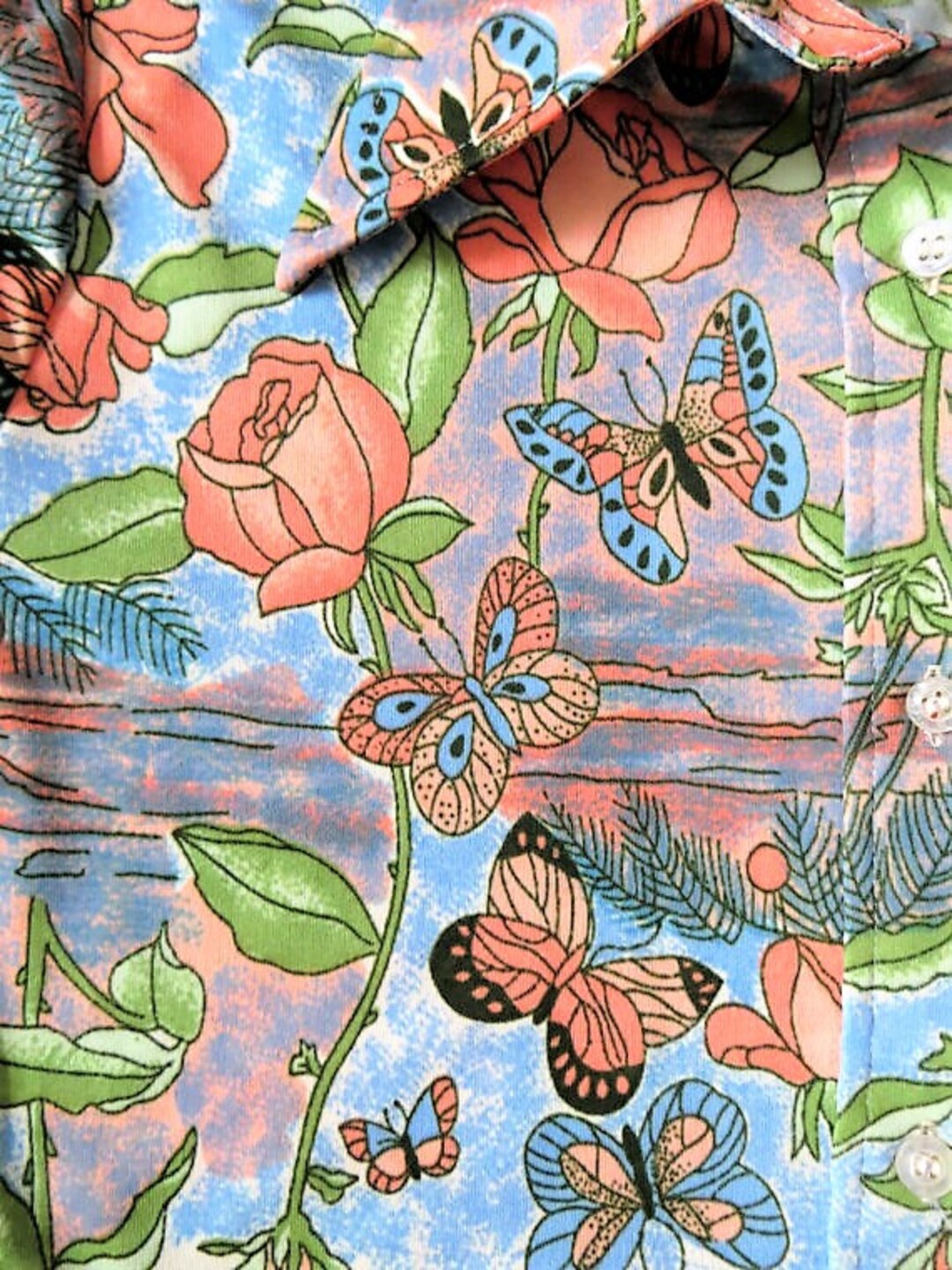 70s Boho Butterfly Print Thin Poly Knit Blouse, Flare Collar Long ...