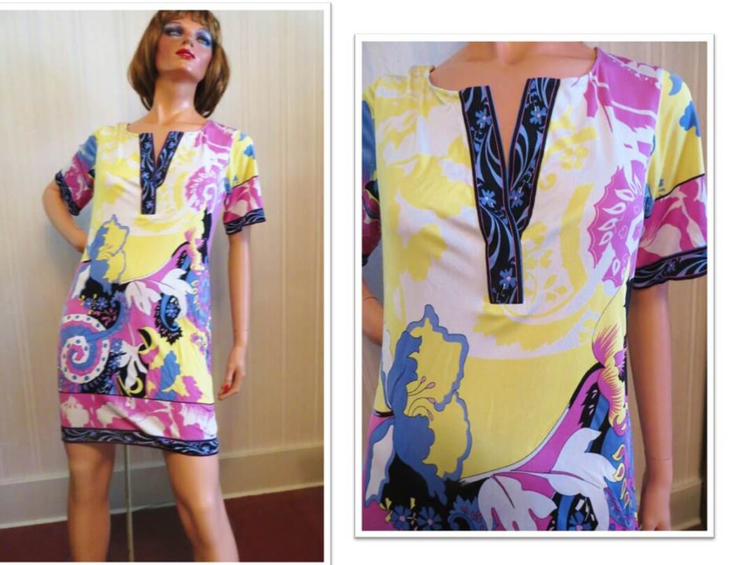 Mod Minidress Silk Knit Pop Art Border Print, Multicolored Psychedelic ...