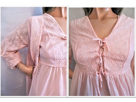 60s 70s Pink Peignoir Set Nightgown Robe, Midriff Lac… - Gem