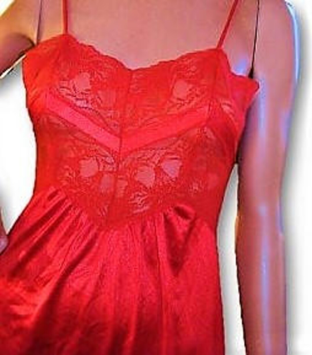 Red Nylon Lacy Nightgown, Bright Red Lace Bodice, Texsheen Mad Men ...