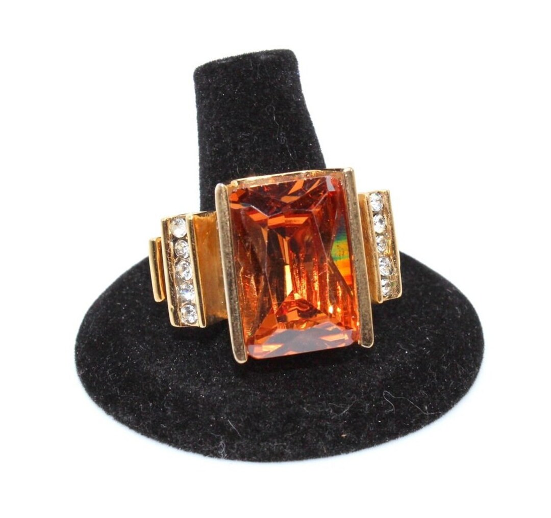 Vintage Large Orange Tourmaline Statement Gold Ring Rhinestone Cocktail ...