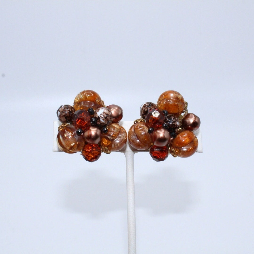 Vintage West Germany Clip on Earrings Amber Red Brown Beaded Clusters ...
