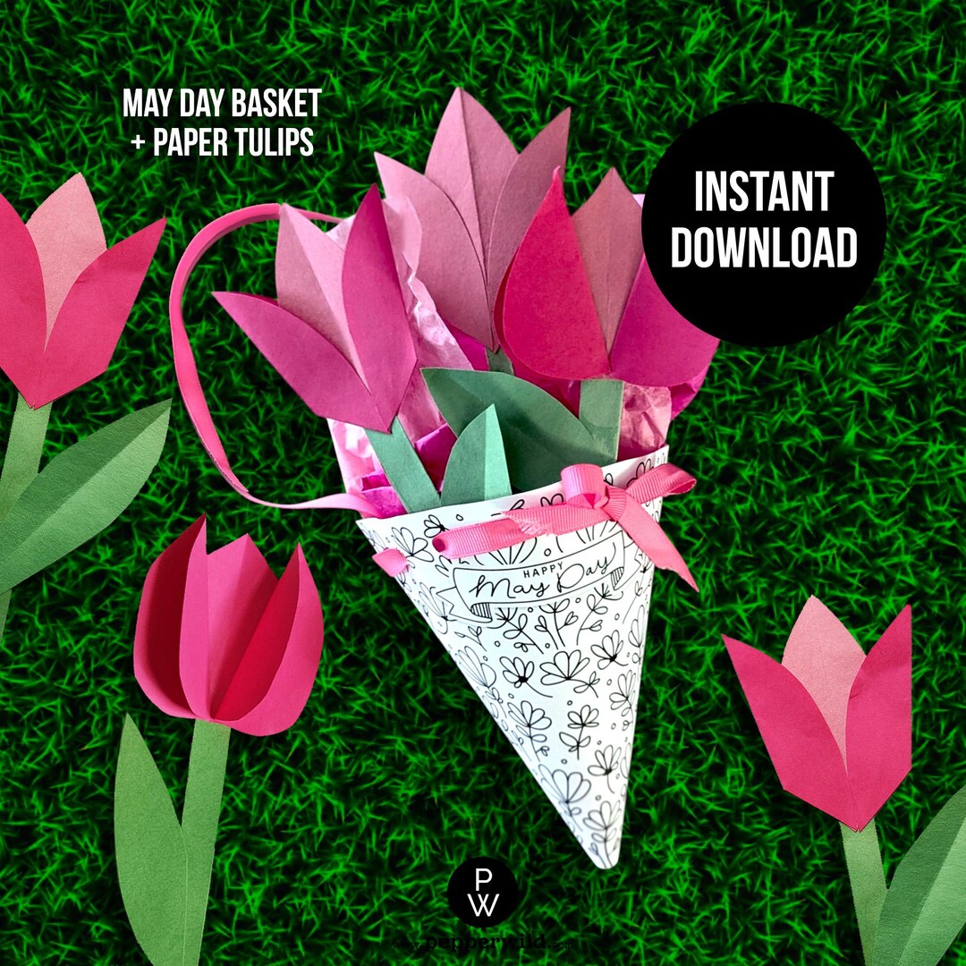 Make Your Own May Day Basket With Paper Flowers // Coloring Book Flower ...