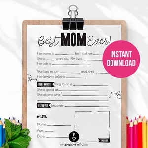 Mom's Birthday All About Mom Fill in the Blank Card // Cute Keepsake ...