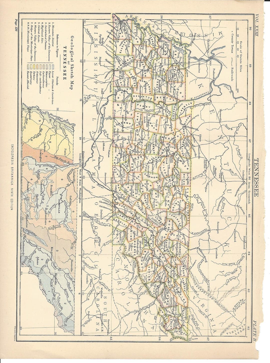 TENNESSEE, USA Map Vintage, 1800's Encyclopaedia Britannica, 9th ...