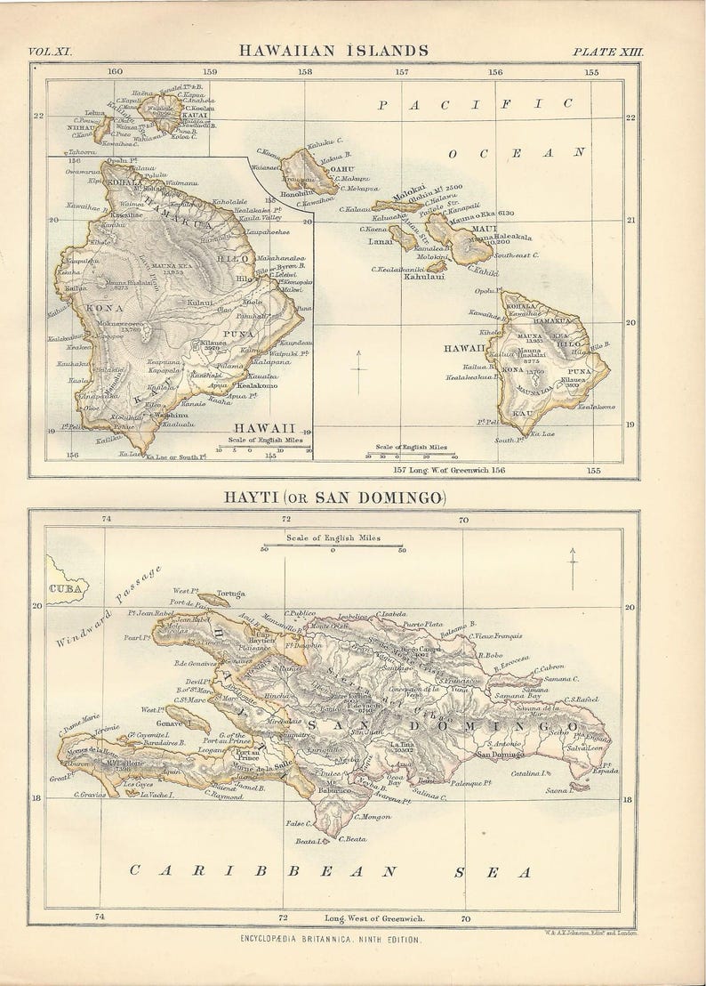 HAWAII, Hawaiian, Hayte, Haiti MAP, Color, Vintage, Encyclopedia ...