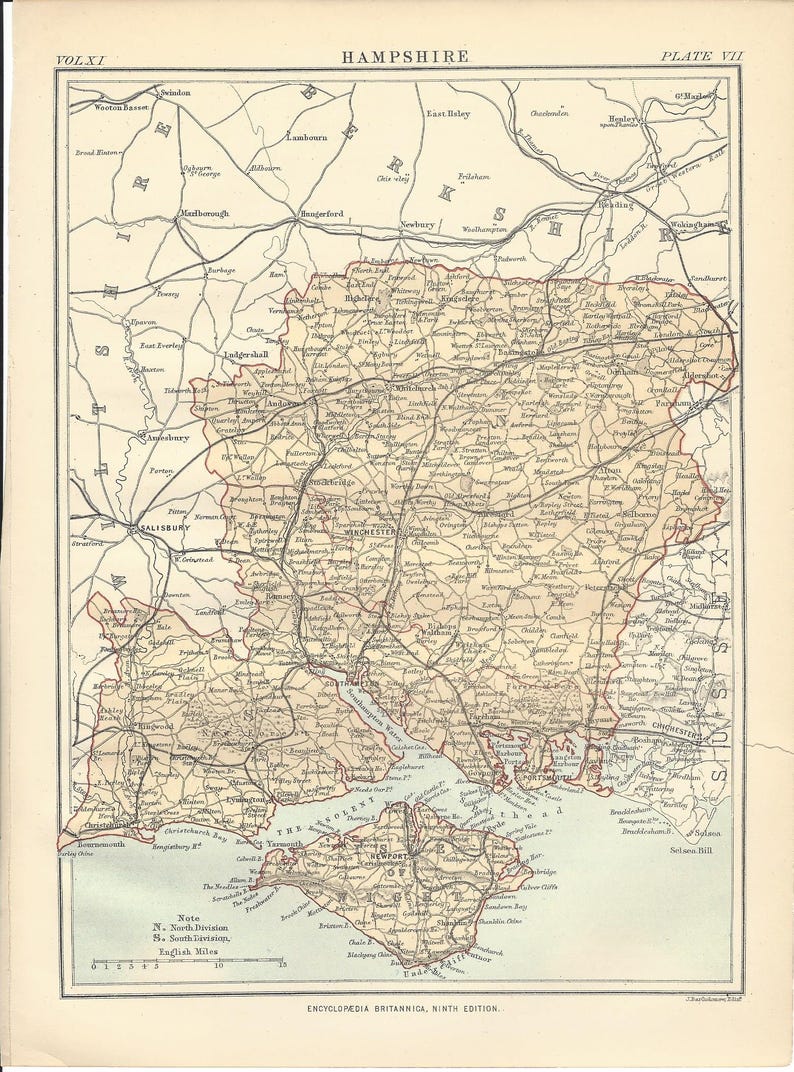 HAMPSHIRE MAP, Color, Vintage, Encyclopedia Britannica, Ninth Edition ...