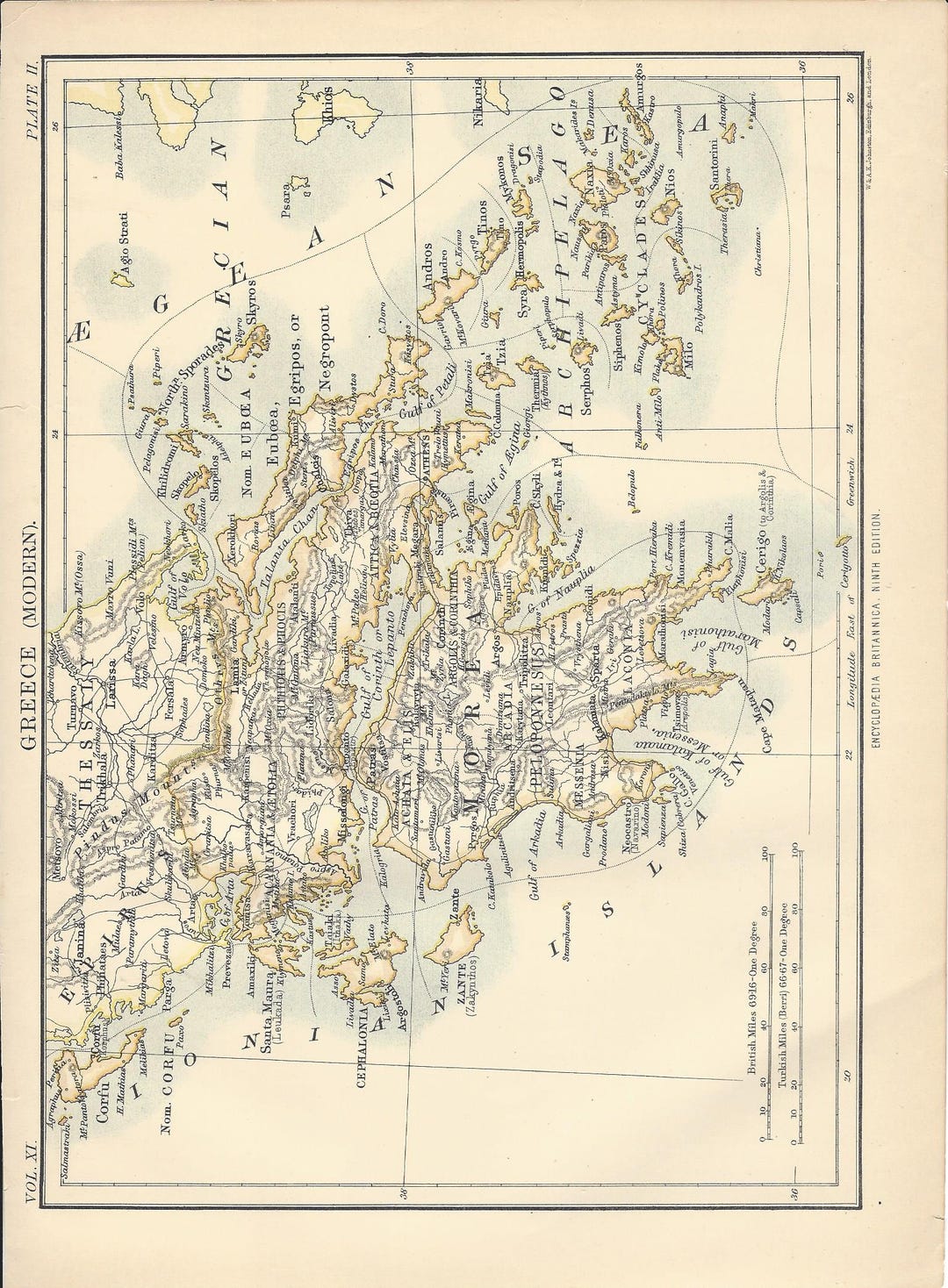 GREECE Modern, MAP, Color, Vintage, Encyclopedia Britannica, Ninth ...