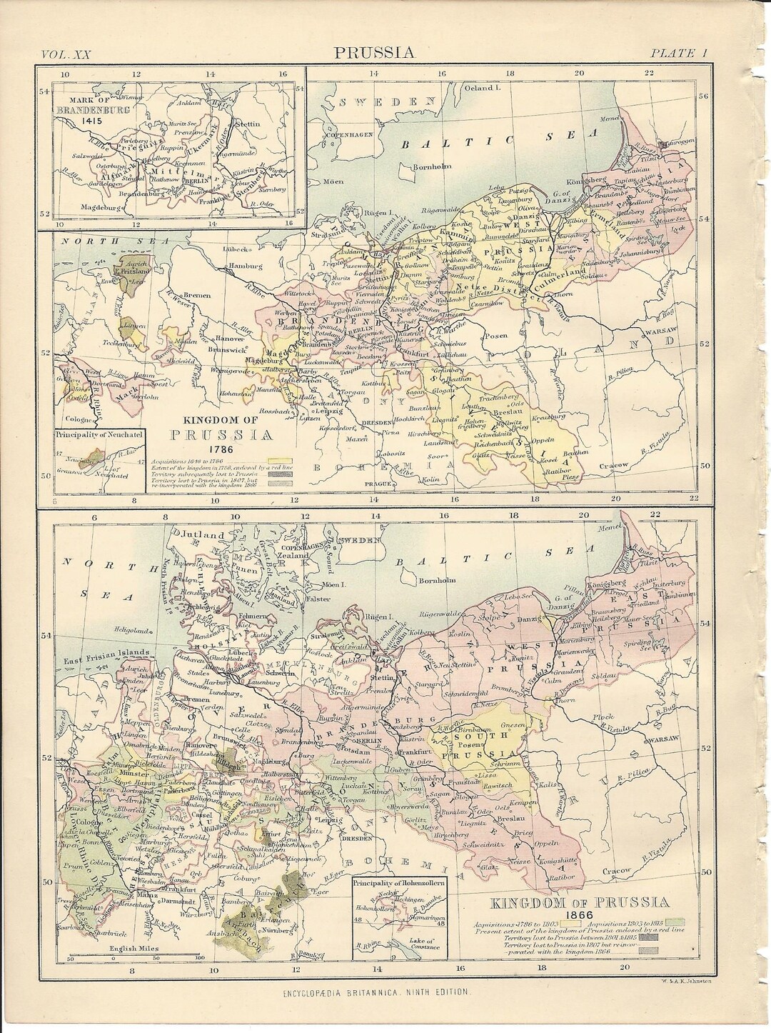 PRUSSIA, Color, Vintage, Encyclopedia Britannica, Ninth Edition 1800's ...