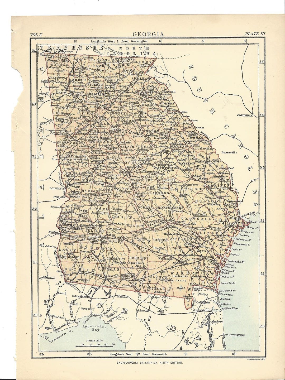 GEORGIA, USA Map Vintage, 1800's Encyclopaedia Britannica, 9th Edition ...