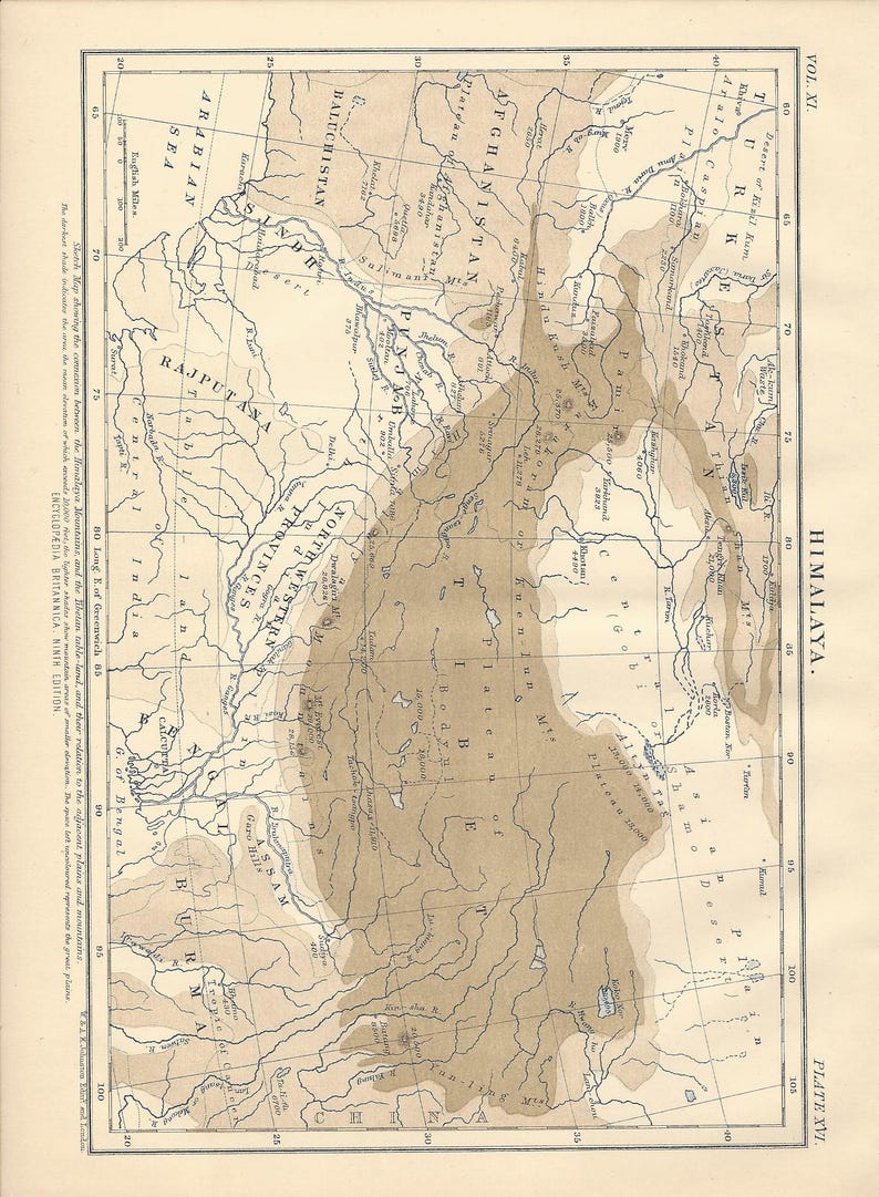 HIMALAYA, MAP, Color, Vintage, Encyclopedia Britannica, Ninth Edition ...