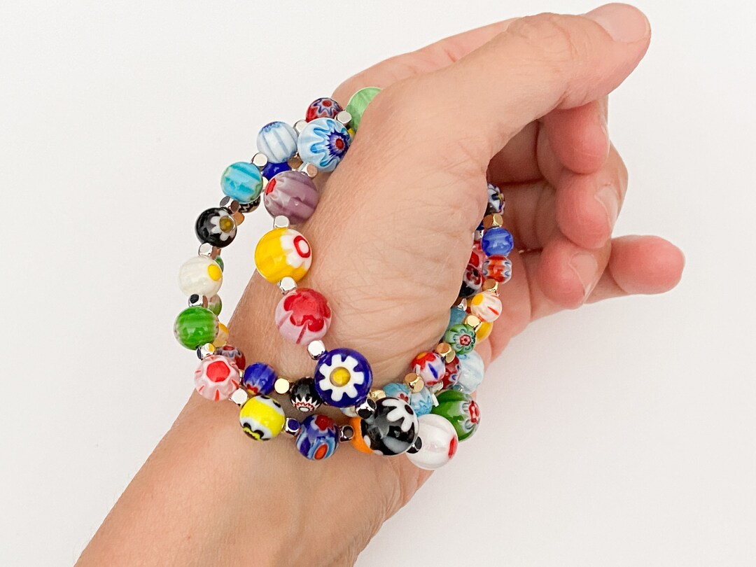Millefiori Beaded Stretchy Bracelet - Lamp Work Bracelet - Colourful ...