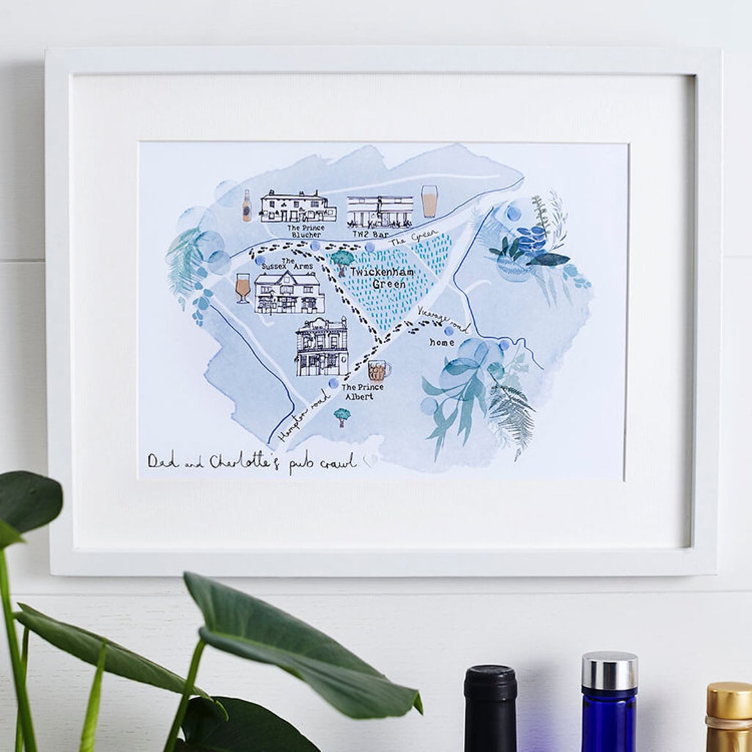 Pub Crawl Map - Illustrated Art Print - Favourite Pubs and Nights Out ...
