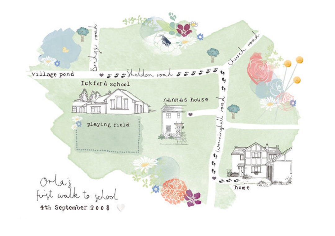 Personalised Walk to School - Map of Landmarks, Childhood Memories ...