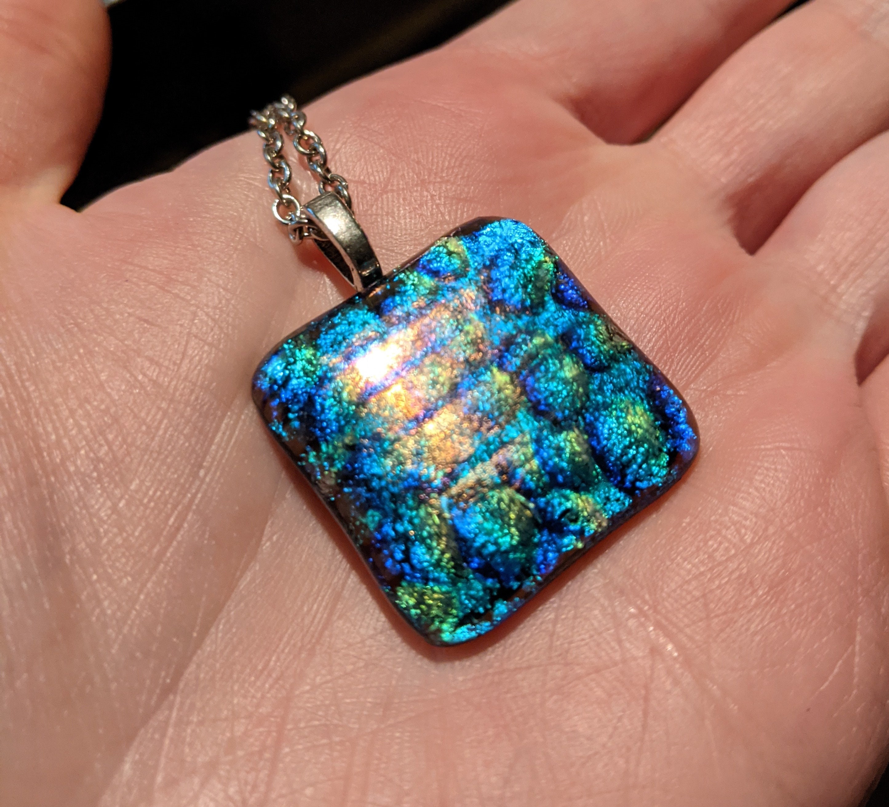 Square Blue Iridescent Bumpy Fused Dichroic Glass Pendant on Silver ...