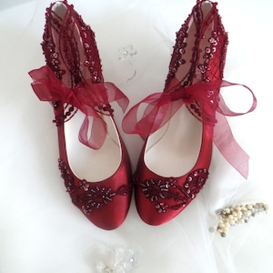 Burgundy Satin Wedding Shoes With Floral Lace Embellishment, Low Heel ...
