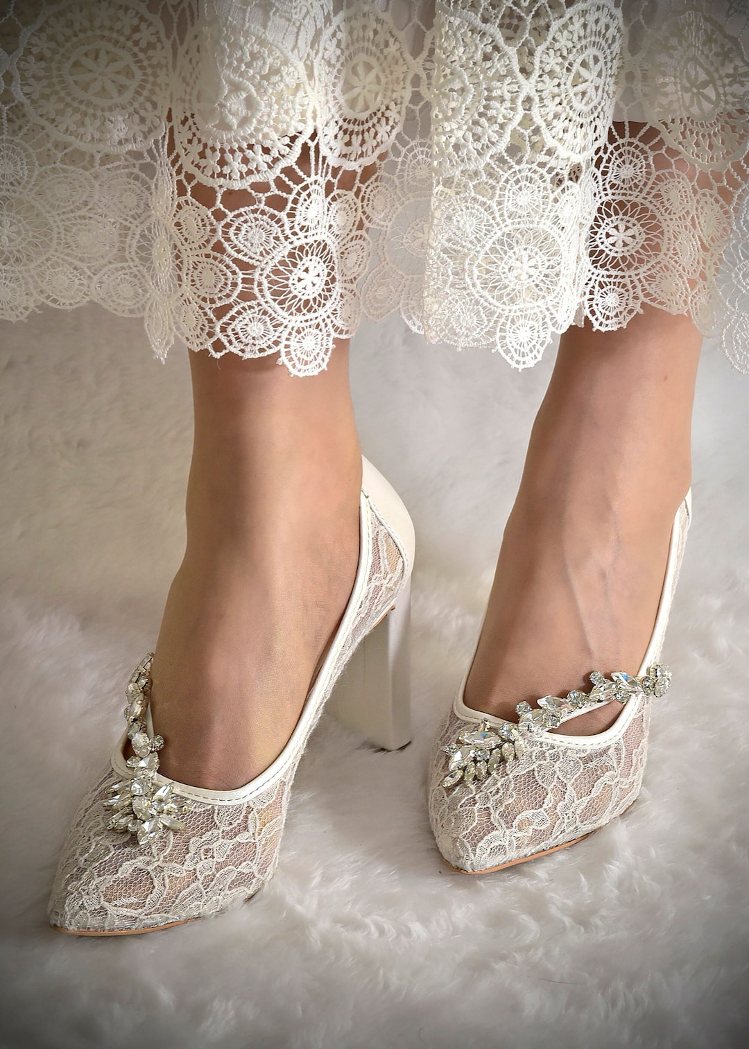 Lace Wedding Shoes for Bride With Rhinestones, Floral Tulle Bling ...