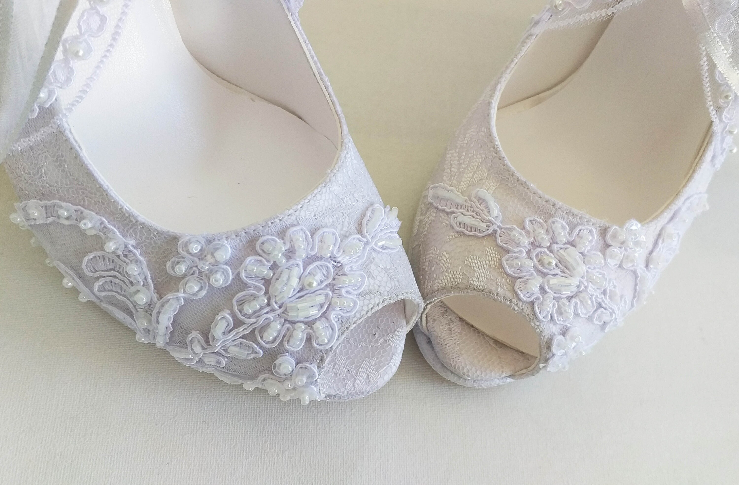 White Lace Wedding Wedges for Bride, Pearl and Sequin Embellished ...