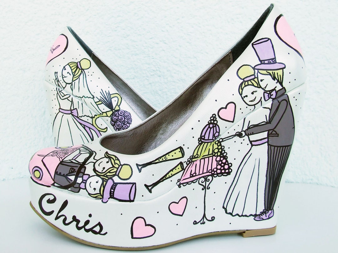 Custom Wedding Shoes for Bride, Hand Painted Wedges, Just Married - Etsy UK