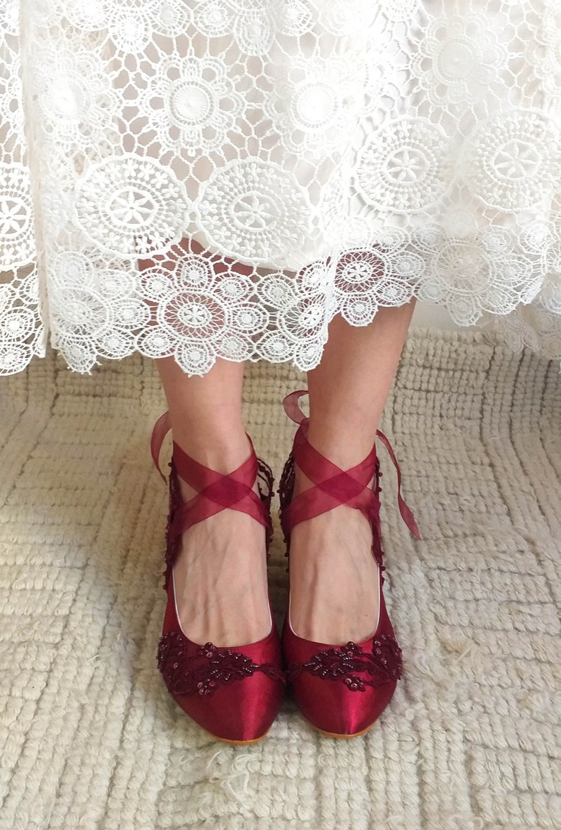 Burgundy Satin Wedding Shoes With Floral Lace Embellishment - Etsy