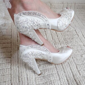 Bling Wedding Shoes, Ivory Satin and Lace Bridal Shoes With Rhinestones ...