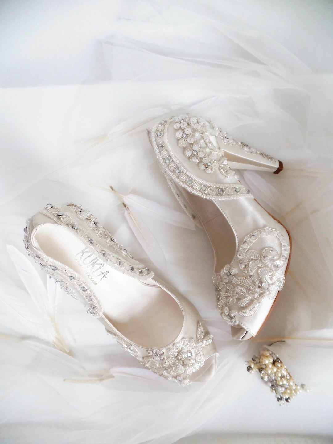 Bling Wedding Shoes, Ivory Satin and Lace Bridal Shoes With Rhinestones ...