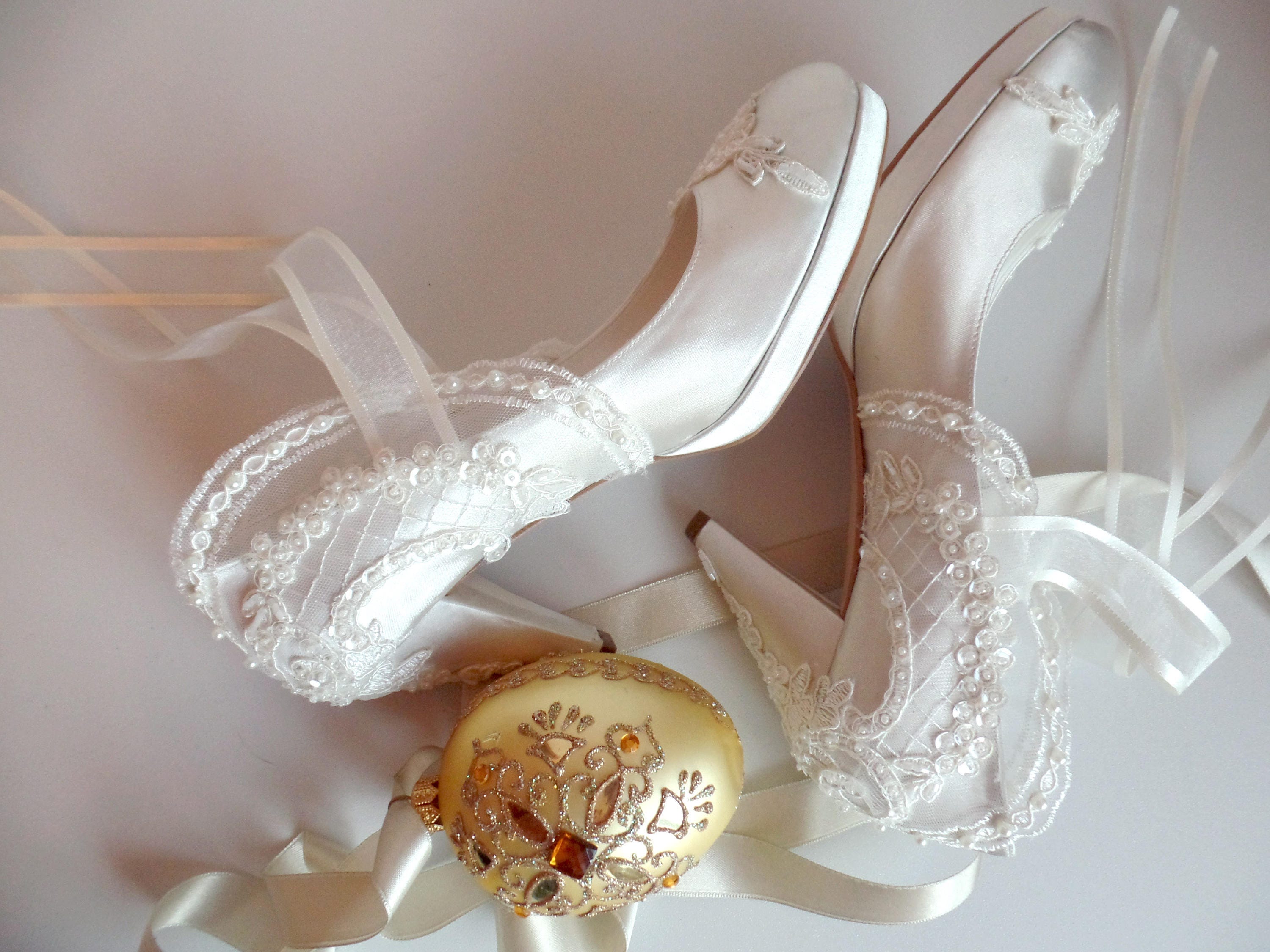 Ivory Satin Bridal Shoes With Pearls | Etsy