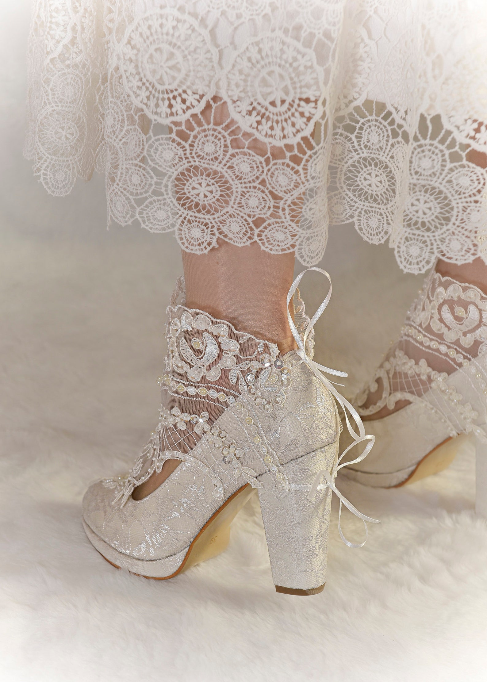 Boho Lace Bridal Boots With Block Heels, Ivory Lace Wedding Shoes - Etsy