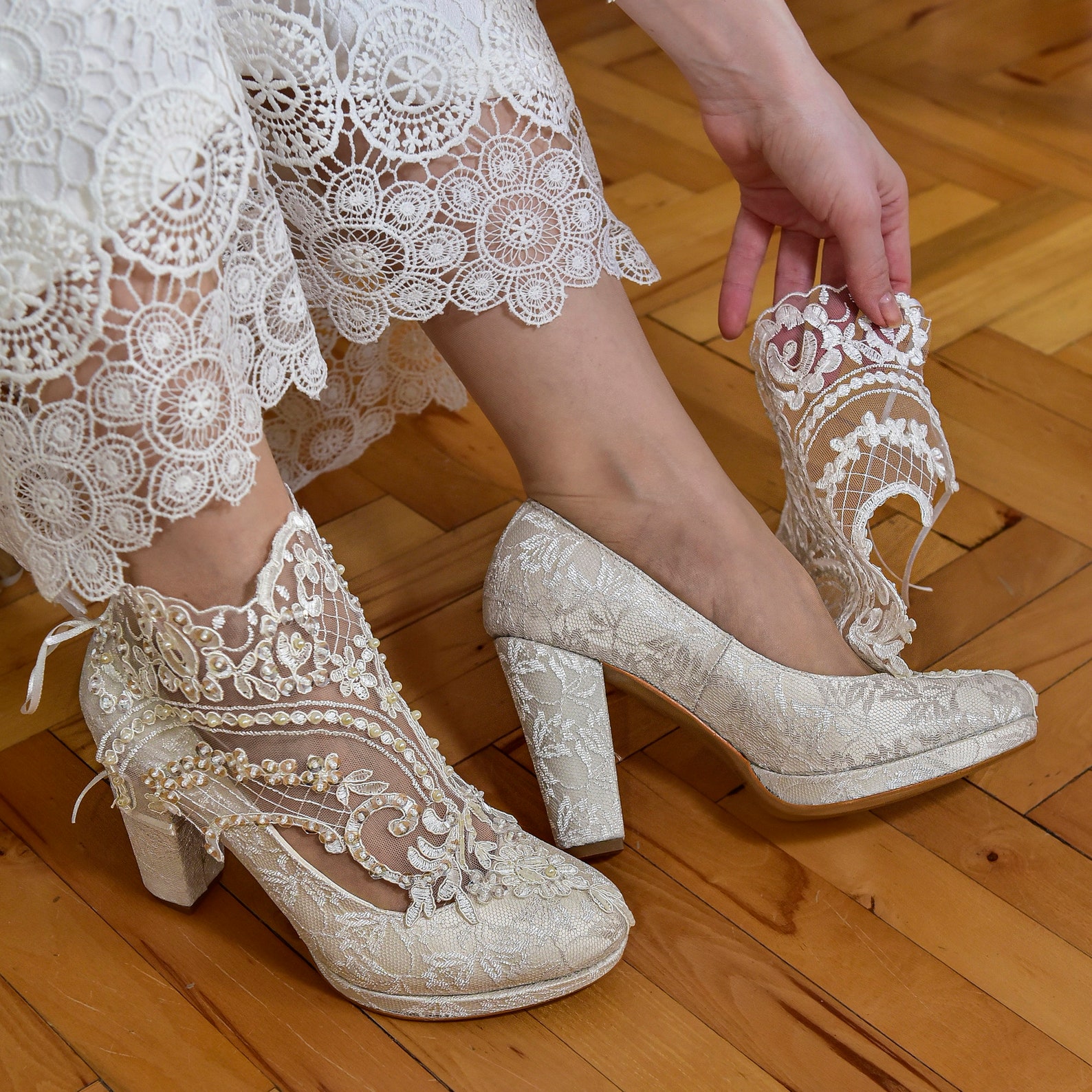 Boho Lace Bridal Boots With Block Heels, Ivory Lace Wedding Shoes - Etsy