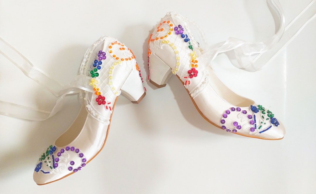 Rainbow Colored Embroidered Lace Wedding Shoes Low Heels With Low Heels ...