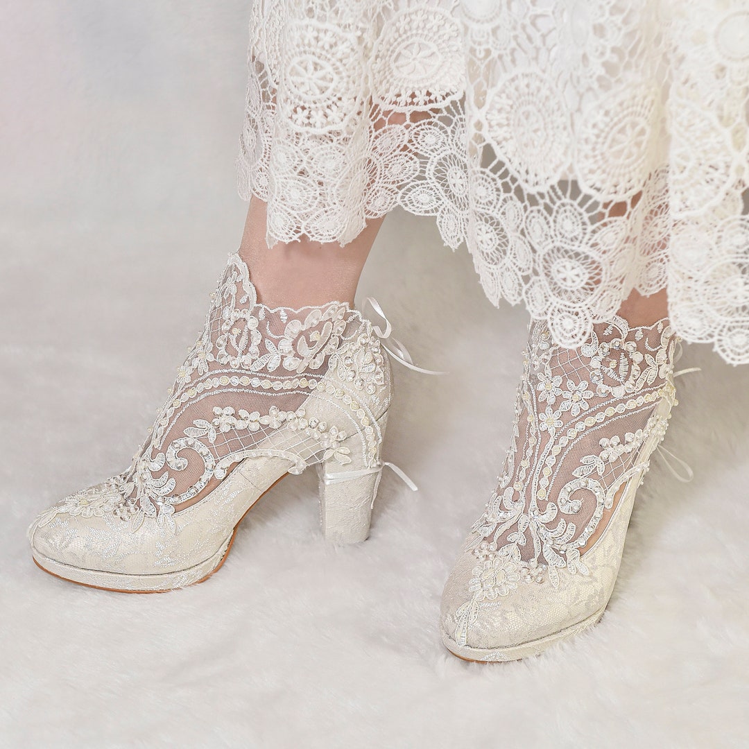 Boho Lace Bridal Boots With Block Heels, Ivory Lace Wedding Shoes - Etsy