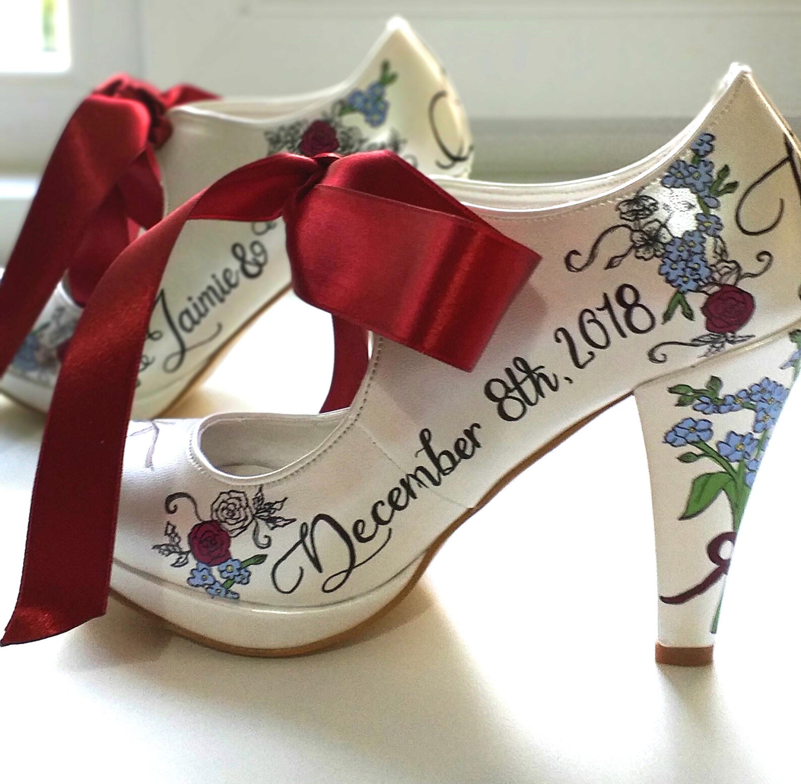 Custom Wedding Shoes With Burgundy Ribbons Floral Bridal - Etsy