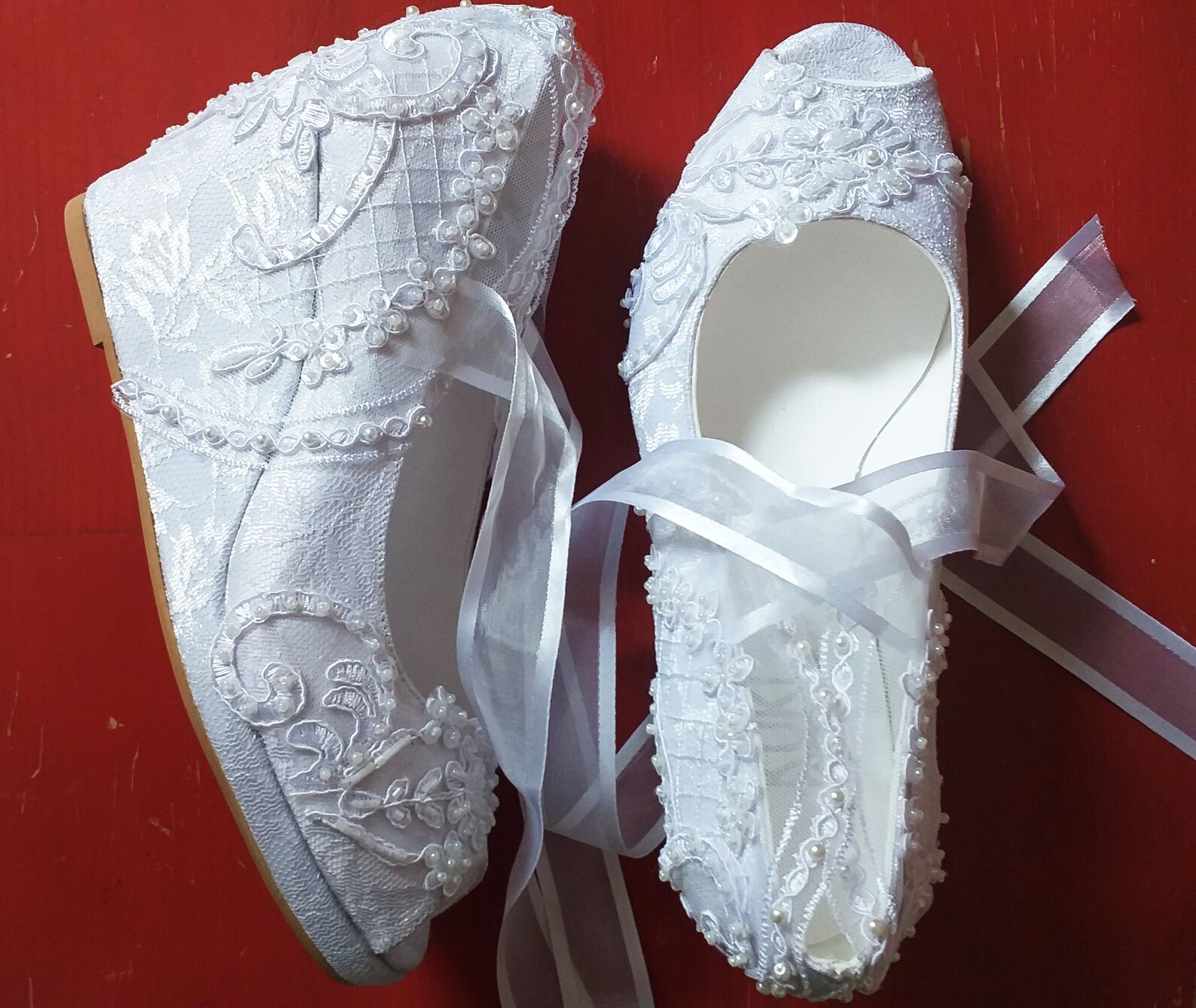White Lace Wedding Wedges for Bride, Pearl and Sequin Embellished ...