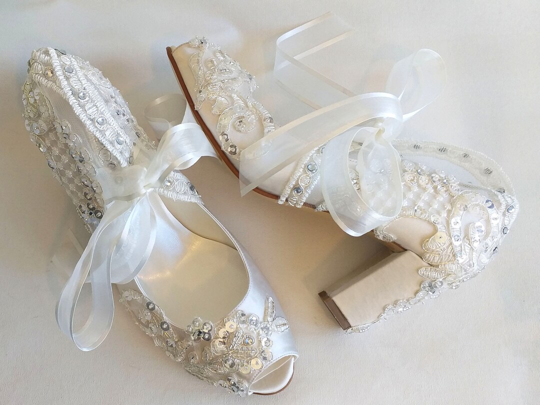 Bling Wedding Shoes for Bride With Block Heels, Sparkly Lace Bridal ...