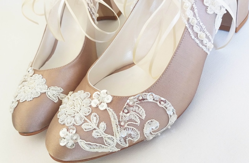 Champagne Ivory Lace Wedding Shoes Block Heels | Etsy