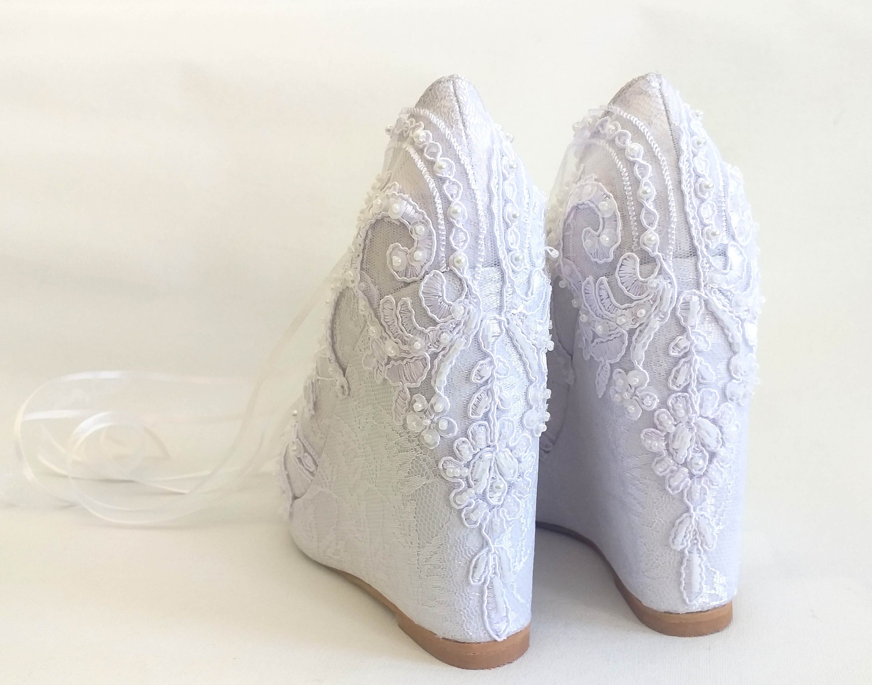 White Lace Wedding Wedges for Bride, Pearl and Sequin Embellished ...