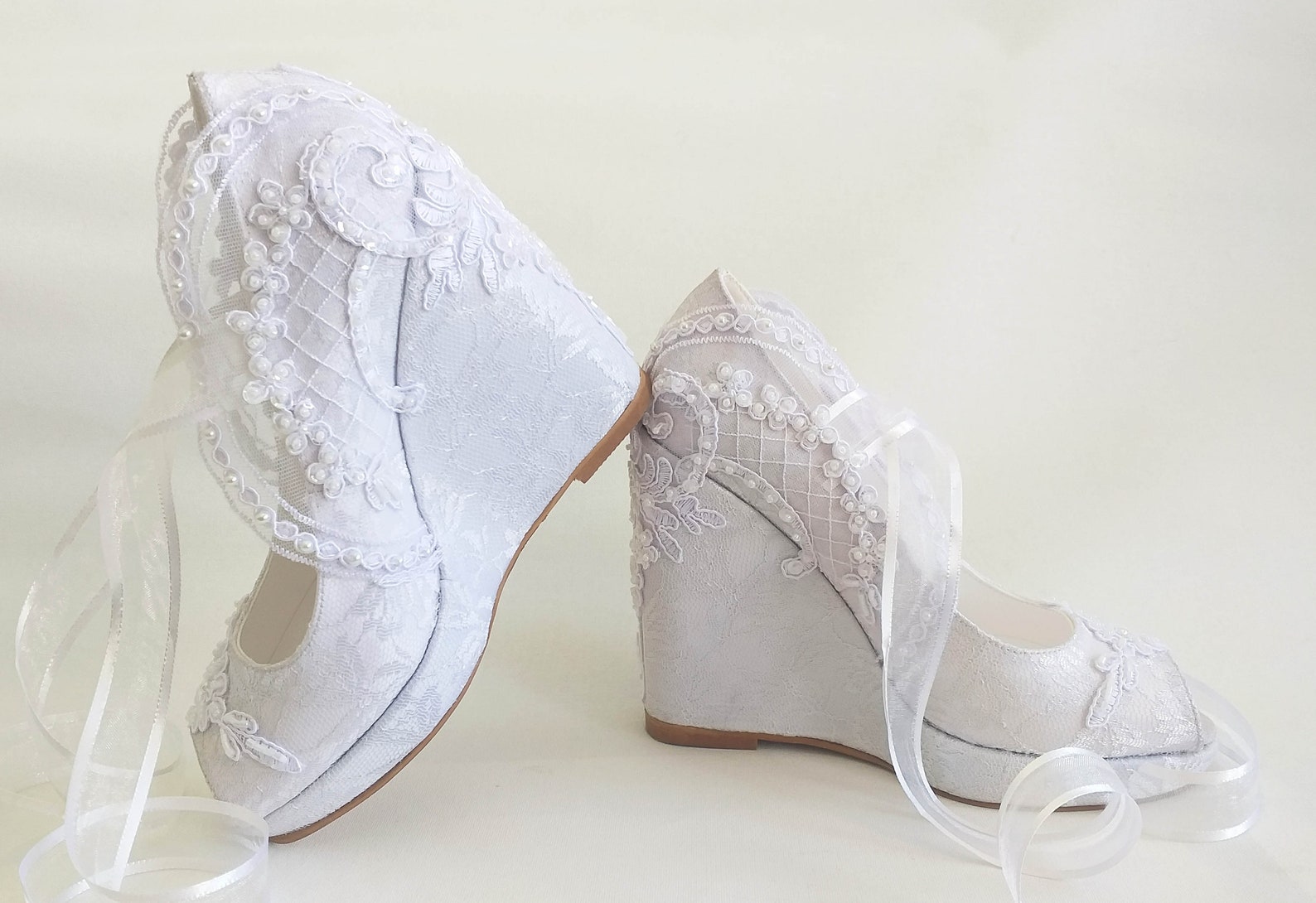 White Lace Wedding Wedges for Bride, Pearl and Sequin Embellished ...