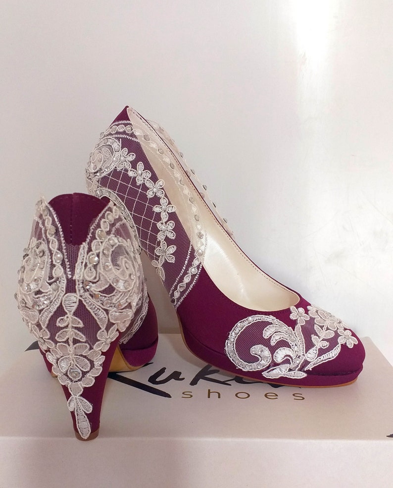 Burgundy Wedding Shoes With Ivory Floral Lace and Rhinestones - Etsy
